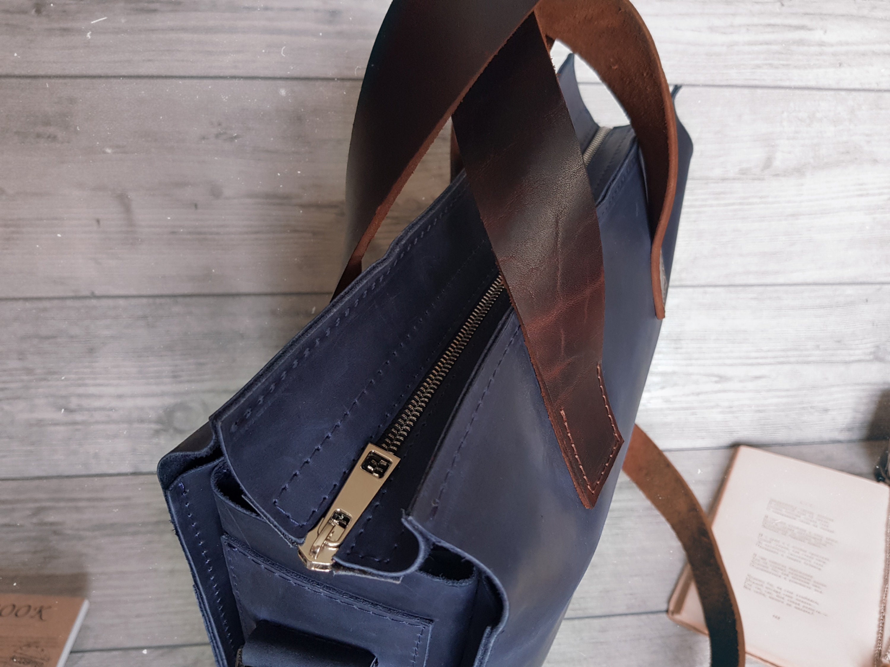 Leather Tote Bag With Pockets, Zippered Tote Bag, Leather Shoulder Bag ...