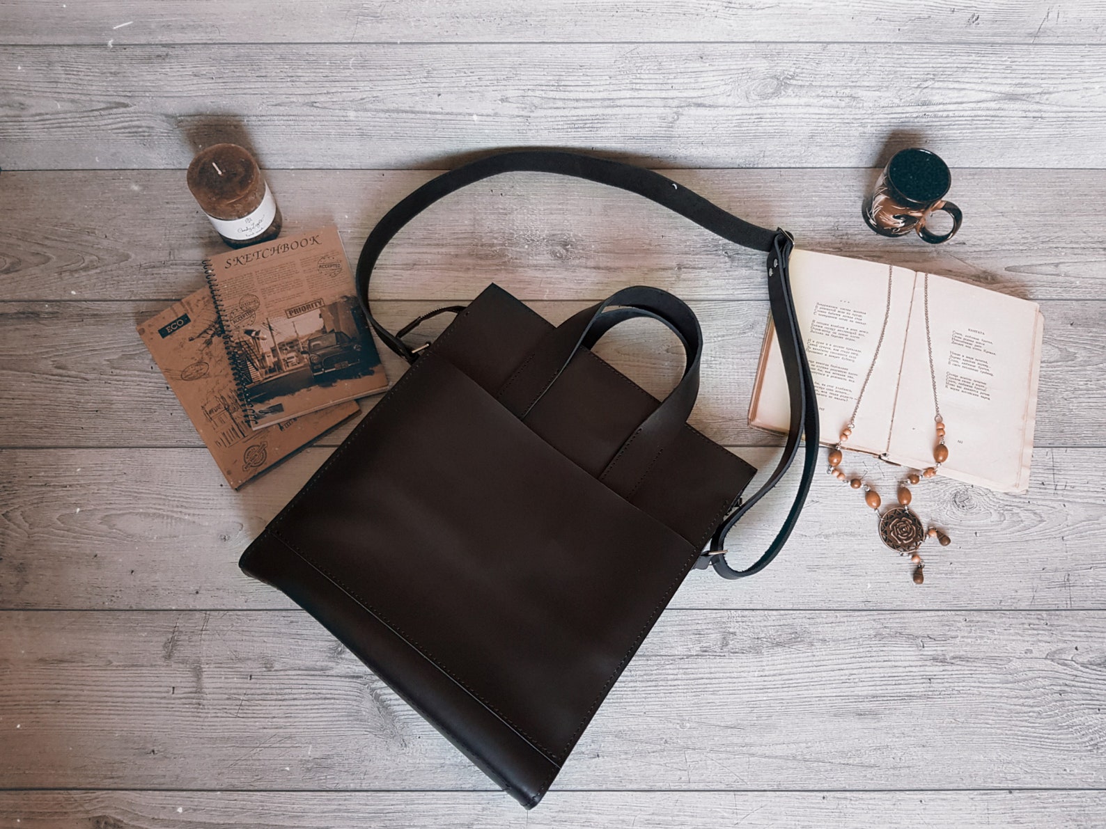 Leather Tote Bag With Pockets, Zippered Tote Bag, Leather Shoulder Bag ...