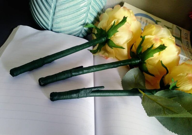 Yellow Rose 6 Flower Pen Set With Teal Vase-flower Pen Set-unique Gift ...