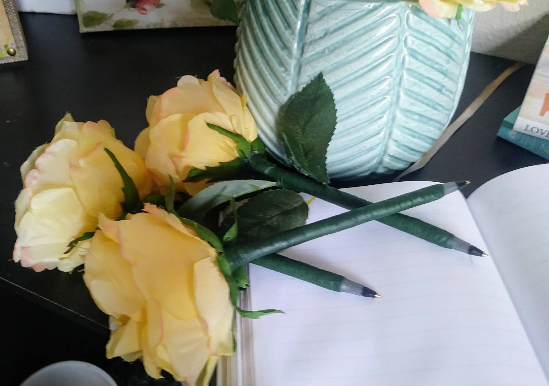 Yellow Rose 6 Flower Pen Set With Teal Vase-flower Pen Set-unique Gift ...