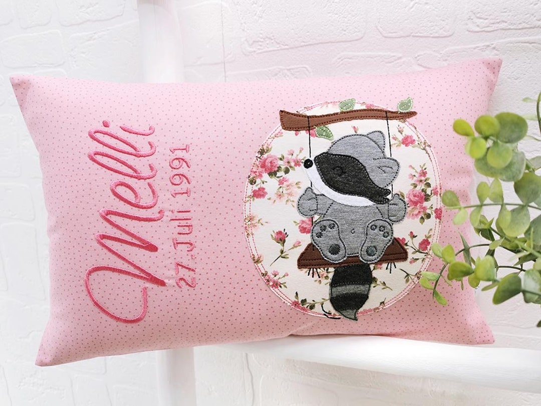 Name Pillow "wanda Raccoon", Pillow With Name and Date, Dates of Birth ...