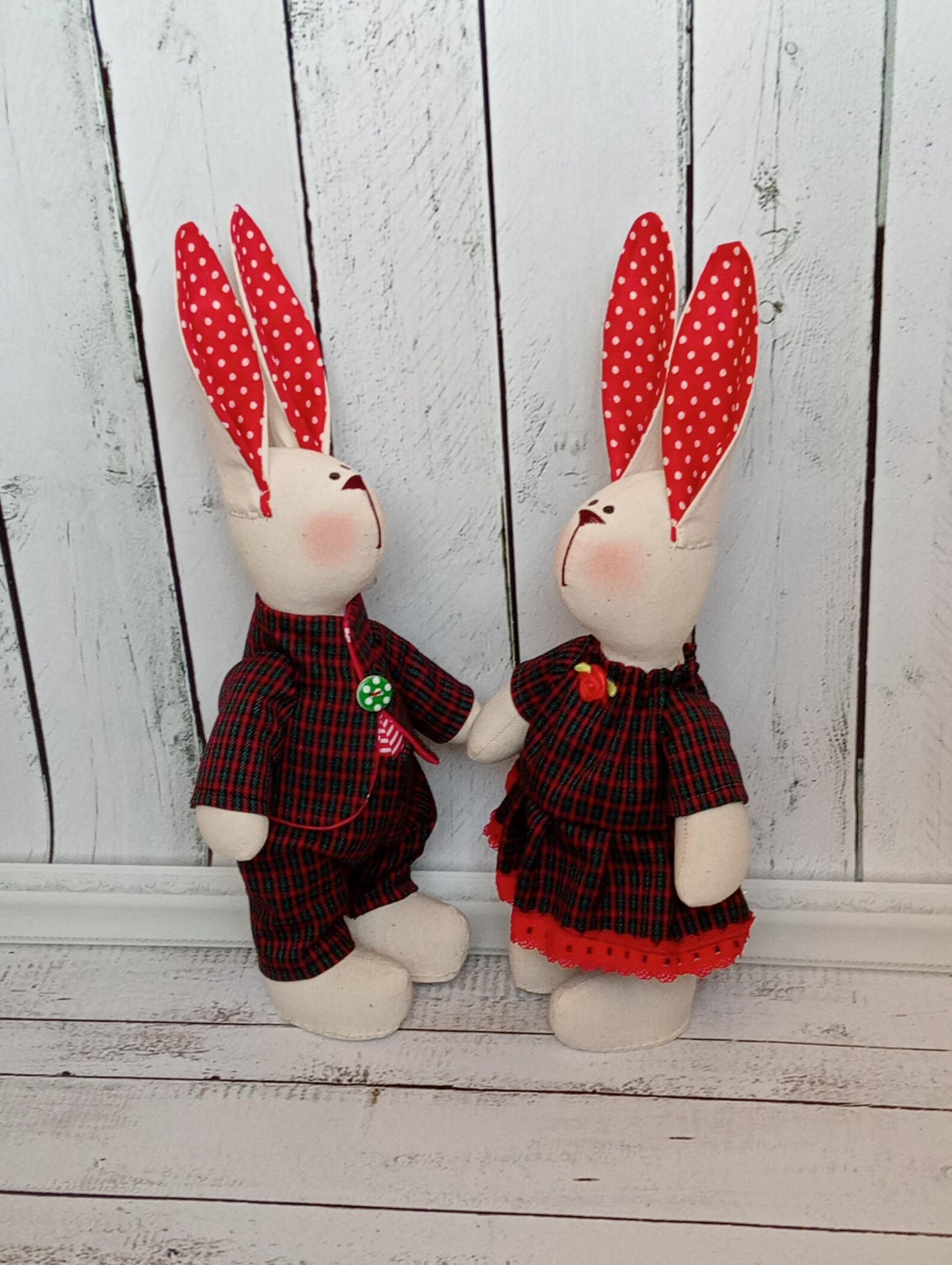 Adorable Pair of Textile Handmade Bunnies Toys for Christmas and New ...