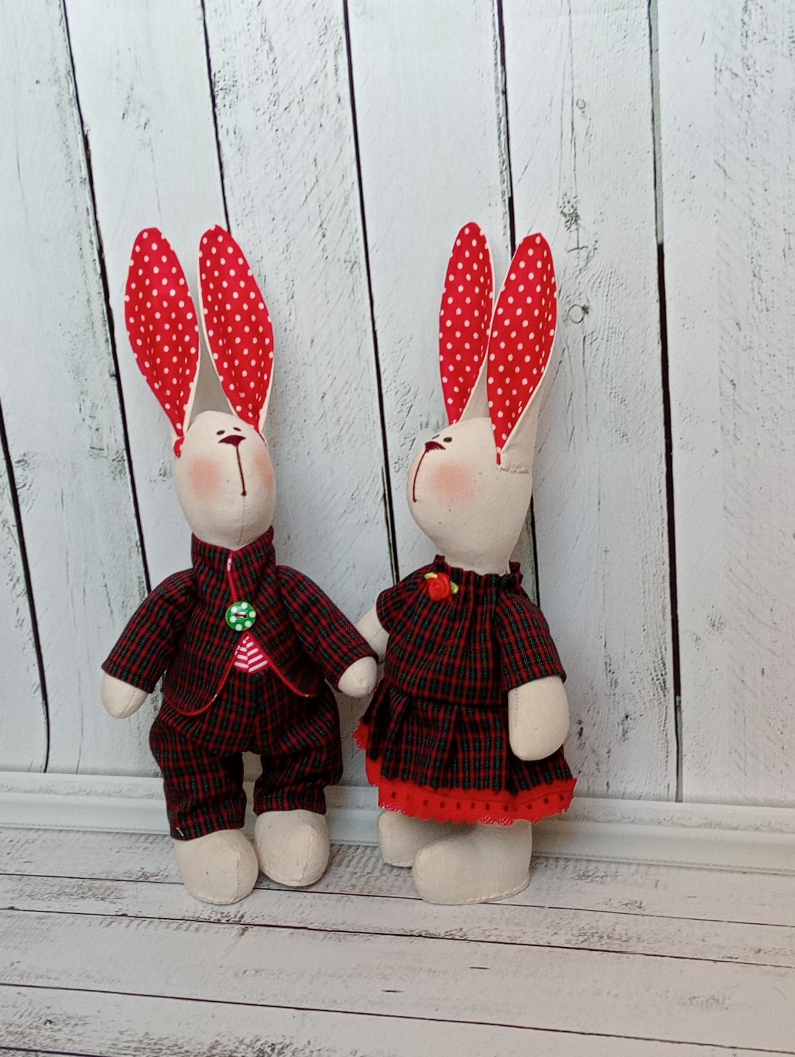 Adorable Pair of Textile Handmade Bunnies Toys for Christmas and New ...