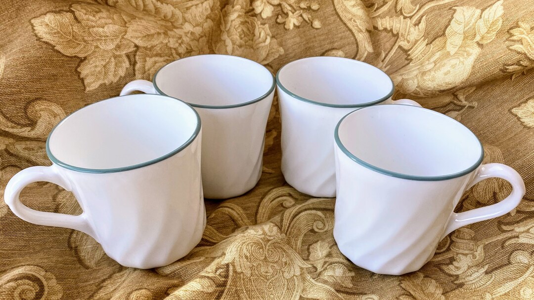 Vintage Corelle by Corning White Swirl Mugs With Green Rim, Set of 4 - Etsy