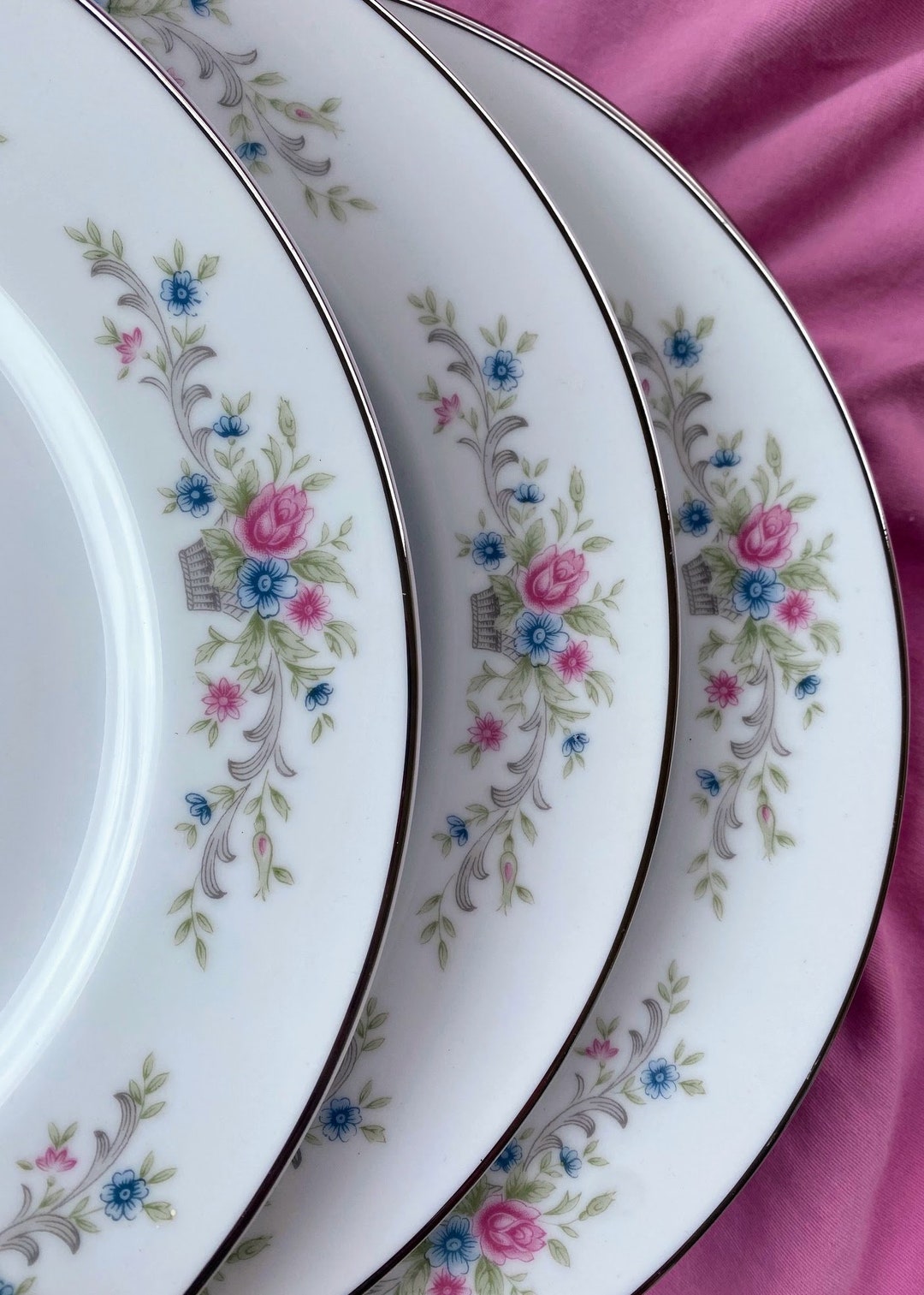 Vintage Florenteen Fantasia Fine China Dinner Plate Set, Flowers in Basket, Mid Century, Set of ...