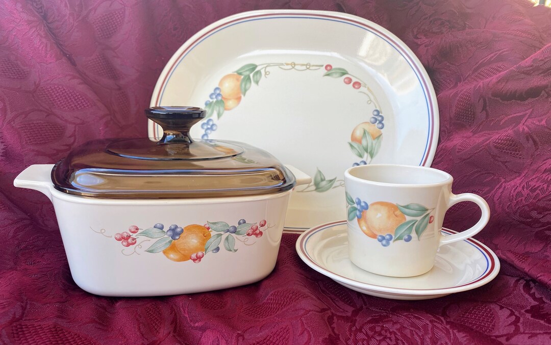 Vintage Corelle by Corning Abundance Pattern Casserole Dish, Flat Cups ...