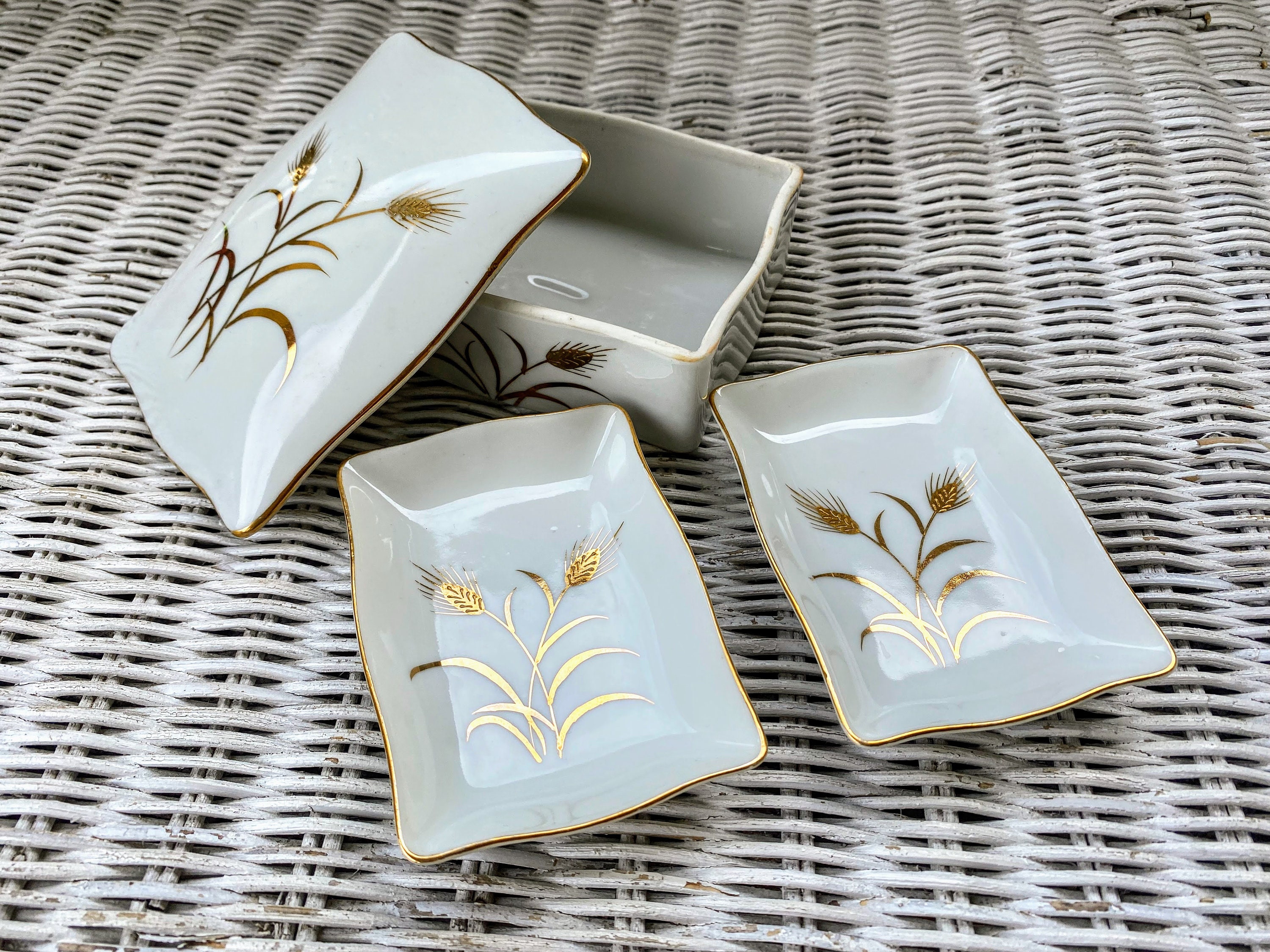 Vintage Lefton China Gold Trim Cigarette Box, Trinket Box, Gold Wheat ...