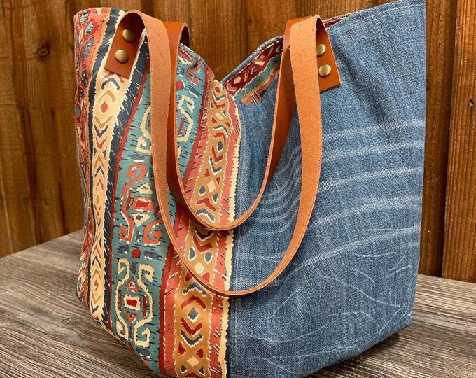 Recycled Denim & Aztec Shoulder Bag//large Bucket Tote Bag//patchwork ...
