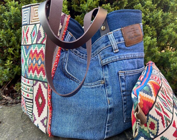 Recycled Denim & Aztec Shoulder Bag//bucket Tote Bag//large Shopping ...