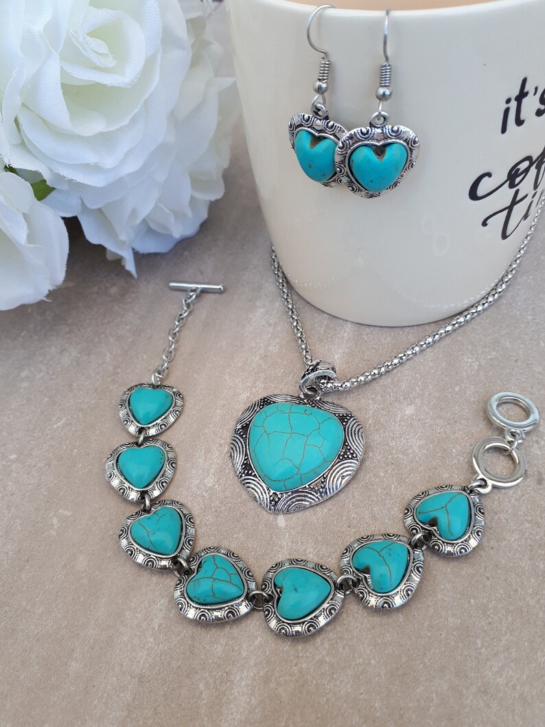 Heart Shape Turquoise Jewelry Set Turquoise Pendant Dangle - Etsy Israel