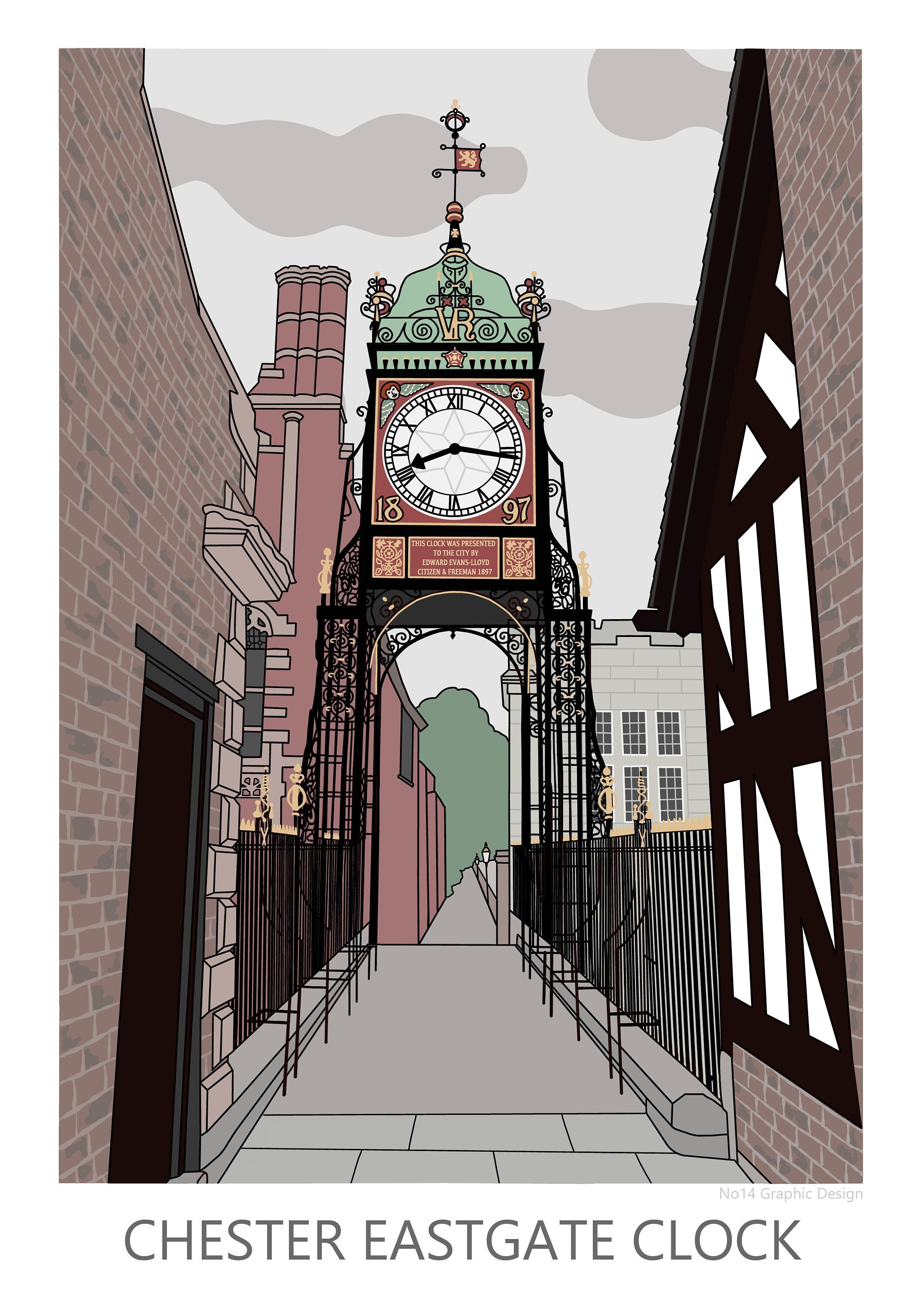 Chester Eastgate Clock Art Print | Illustrated Travel Poster - Etsy