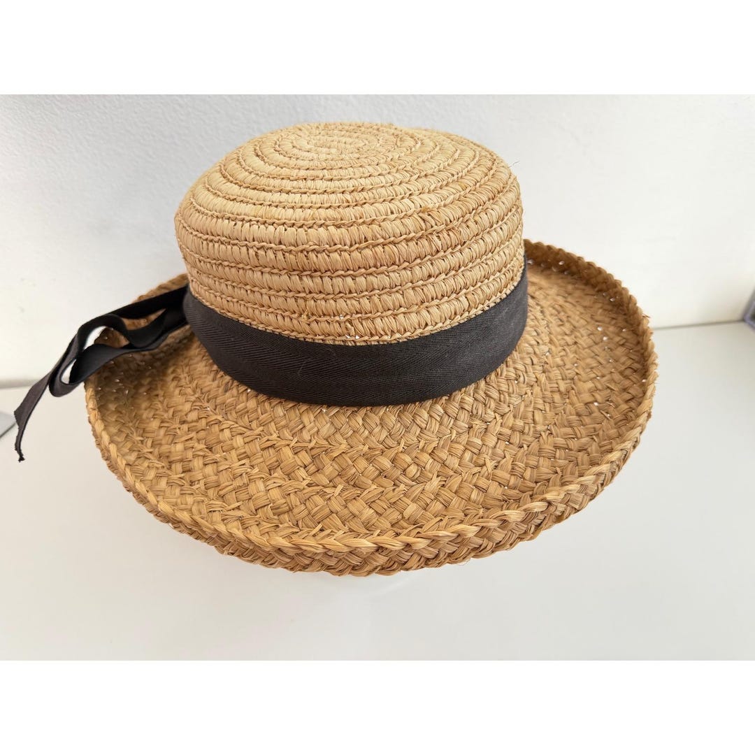 Vintage Style Tan Straw Boater Hat Black Grosgrain Ribbon Bow - Etsy