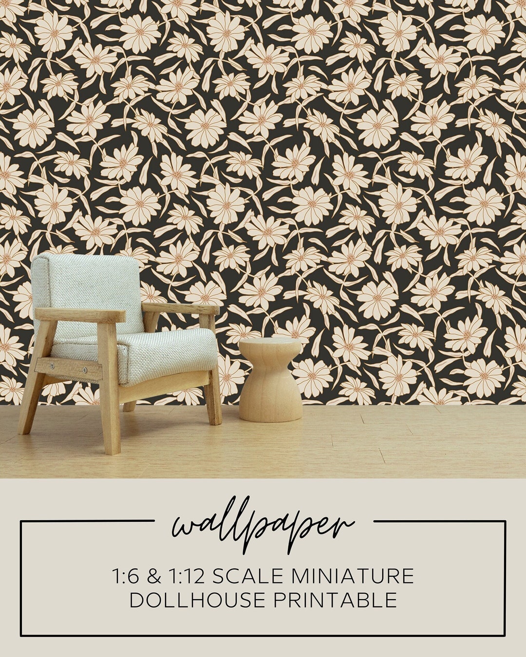Printable Daisy Dollhouse Wallpaper - Black & Beige - 1:12 1/6 ...