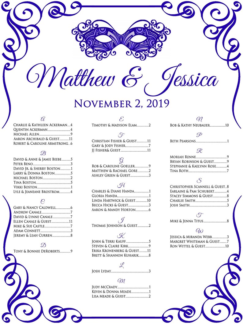 Masquerade Seating Chart - Designed File - Etsy
