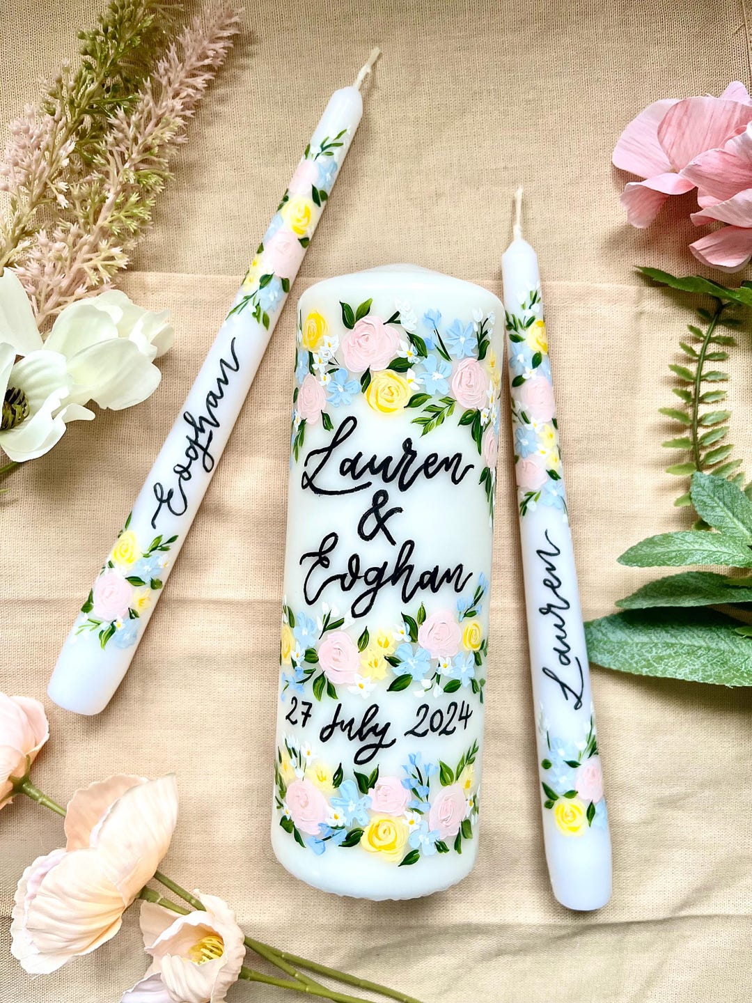 Bespoke Hand Painted Floral Unity Wedding Ceremony Candle Set, Matching ...