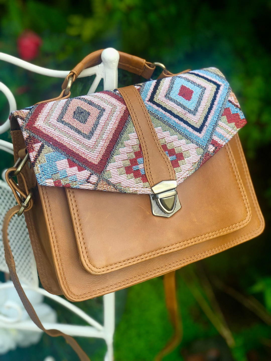 Aztec & Tan Leather Handbag Quirky Aztec Patterned Purse - Etsy
