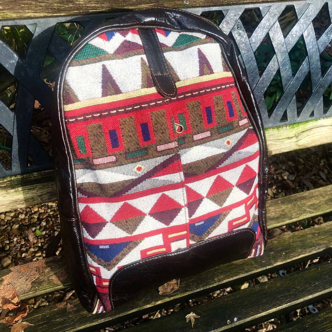 Aztec Design Fabric & Leather Backpack, Secure and Lightweight, Unique ...