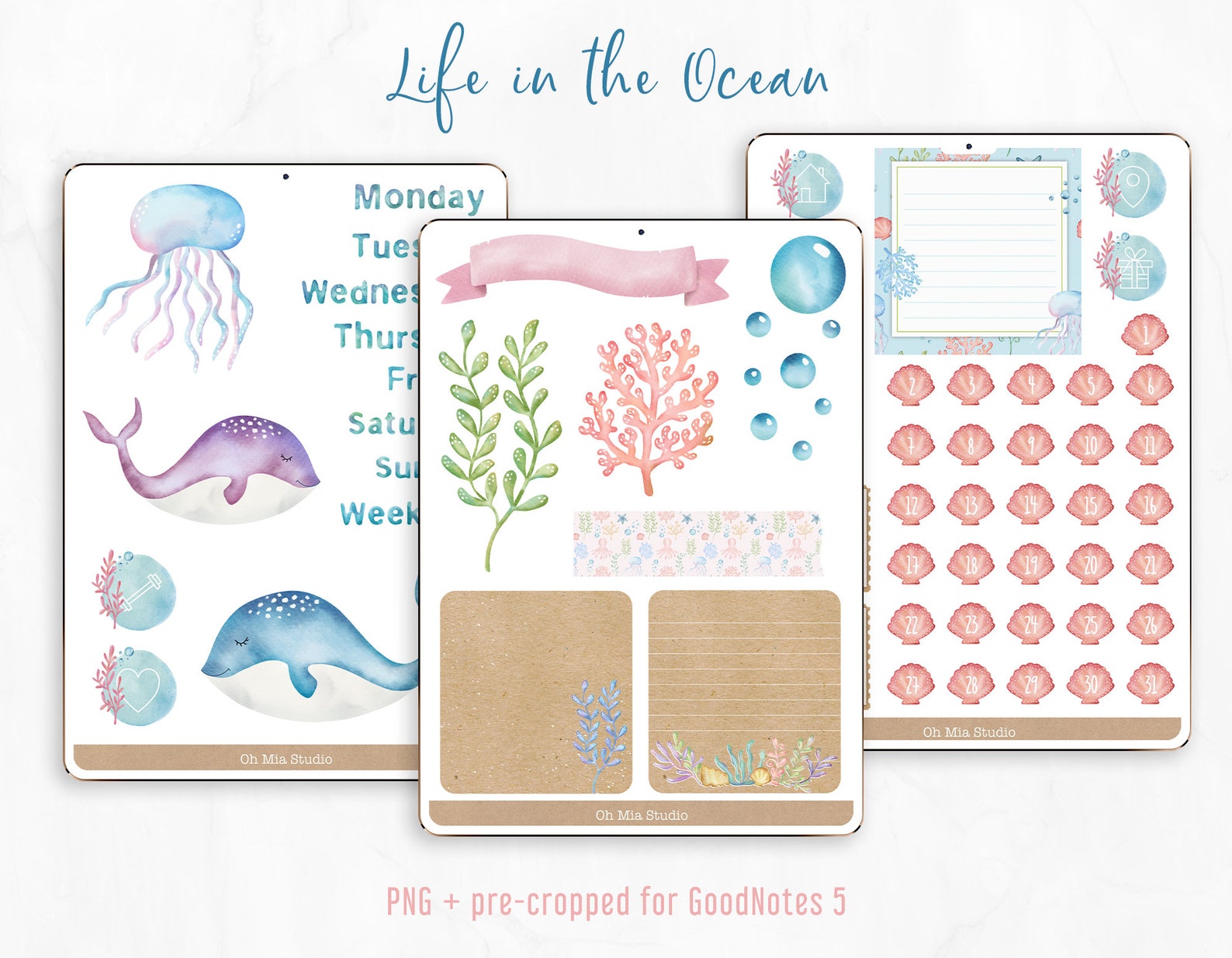 Digital Stickers Watercolor Ocean Creatures PNG Goodnotes 5 Pre-cropped ...