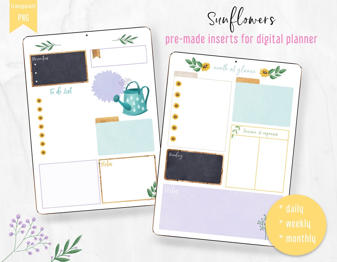 Digital Planner Pre-made Insert Stickers, Sunflowers Edition. Daily ...