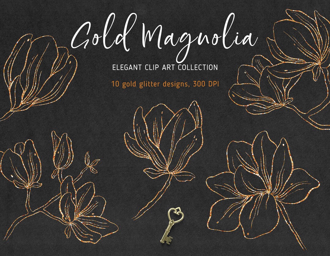 Gold Glitter Magnolia Clipart Collection | PNG Fine Art | Modern Floral ...