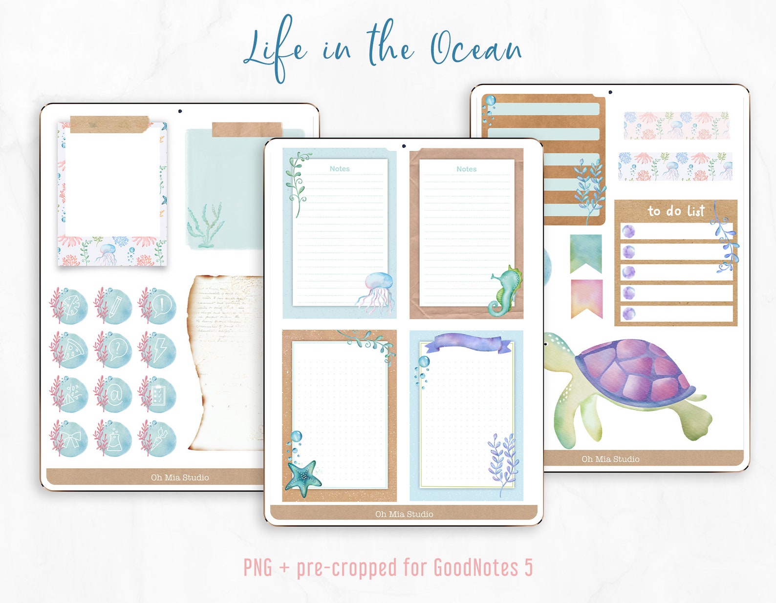 Digital Stickers Watercolor Ocean Creatures PNG Goodnotes 5 Pre-cropped ...