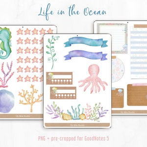 Digital Stickers Watercolor Ocean Creatures PNG Goodnotes 5 Pre-cropped ...