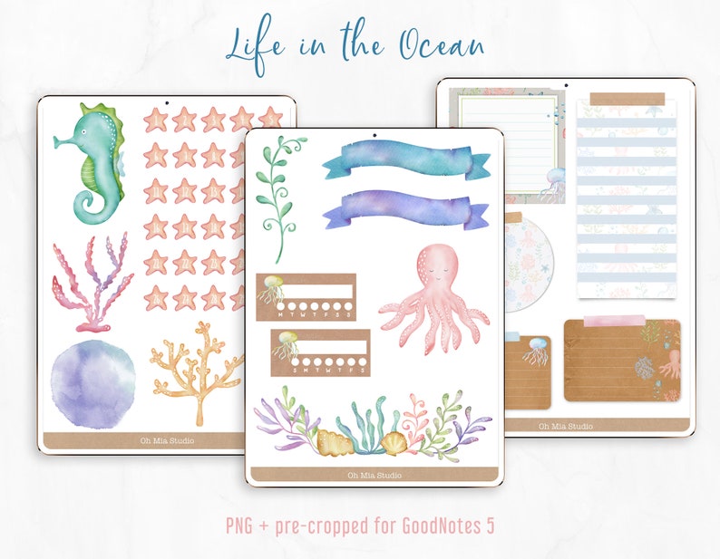 Digital Stickers Watercolor Ocean Creatures PNG Goodnotes 5 | Etsy
