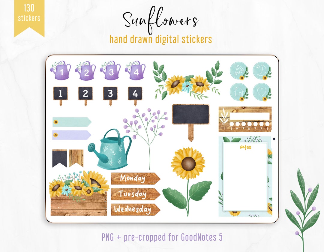 Digital Stickers Sunflowers, Digital Junk Journal. PNG + Goodnotes 5 ...