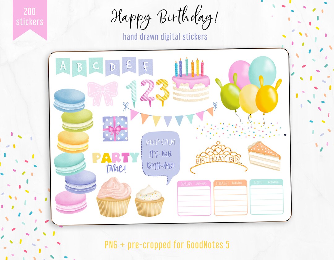Birthday Digital Stickers Kit, 200 Elements, PNG Pre-cropped for ...