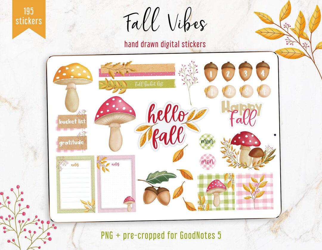 Digital Stickers Fall Vibes Goodnotes 5 + PNG Stickers. 195 Digital ...