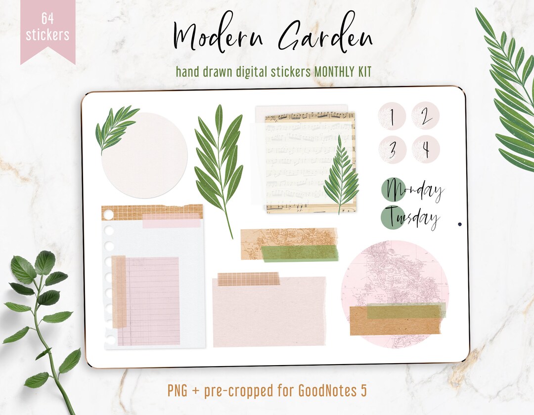 Digital Planner Sticker Monthly Kit, Goodnotes 5 Modern Garden PNG pre ...