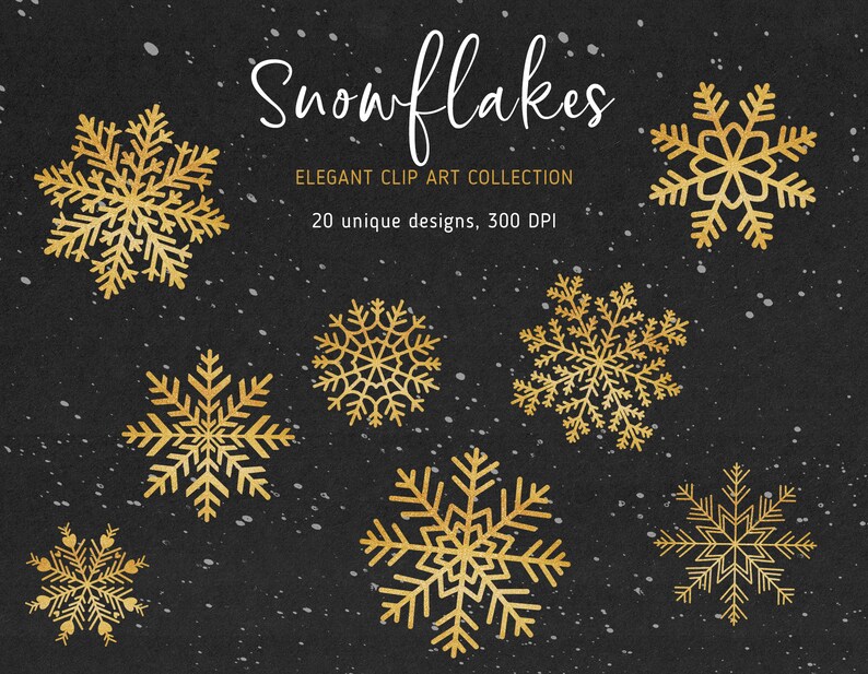 Gold Glitter Snowflakes Clipart Collection PNG Fine Art | Etsy