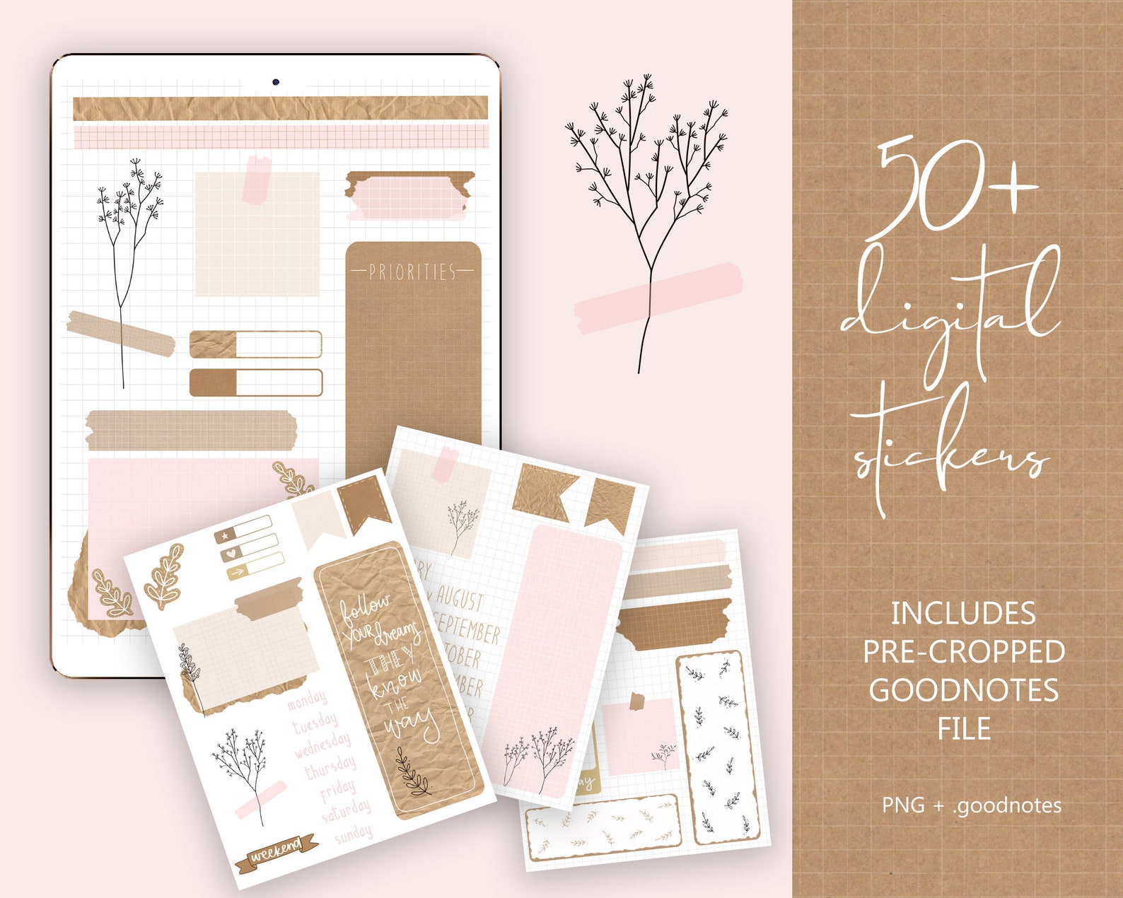 Digital Kraft Paper Stickers PNG pre-cropped for Goodnotes | Etsy