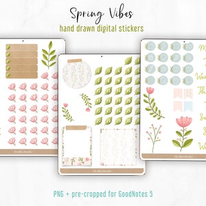 Digital Stickers Spring Vibes, Botanical Style PNG Goodnotes 5 Pre ...