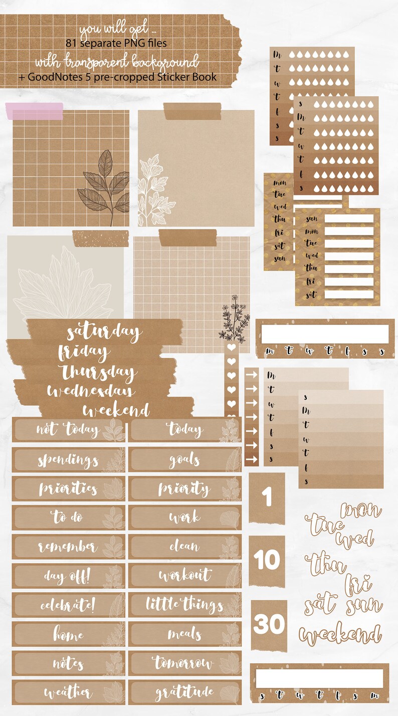 Digital Weekly Sticker Kit Basic Kraft Style Digital Planner | Etsy