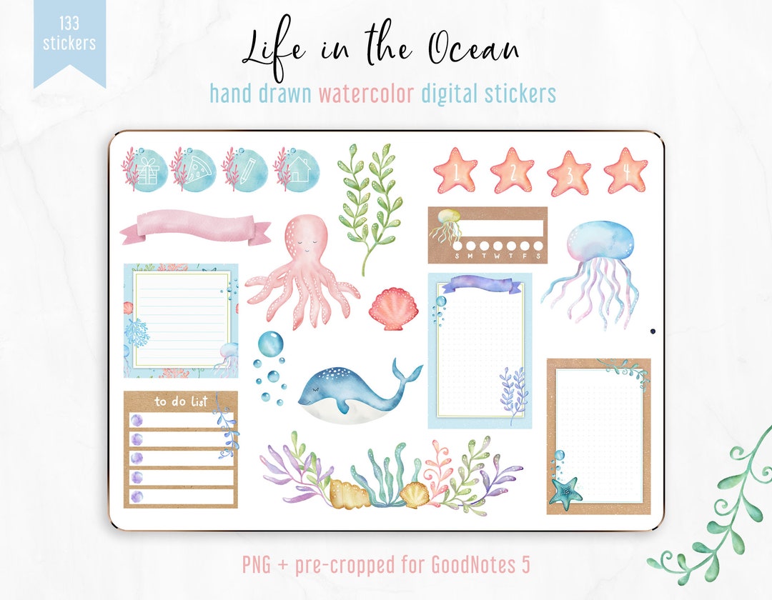 Digital Stickers Watercolor Ocean Creatures PNG Goodnotes 5 Pre-cropped ...
