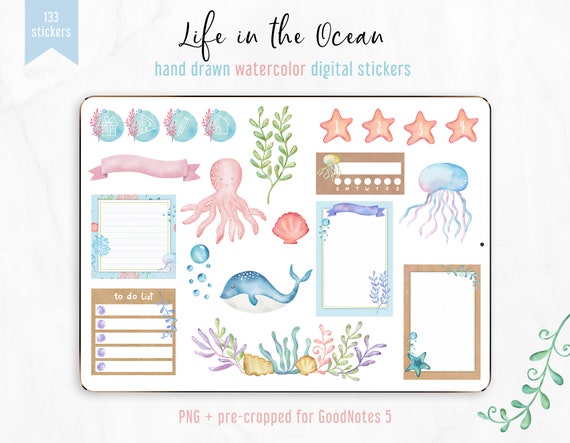 Digital Stickers Watercolor Ocean Creatures PNG Goodnotes 5 | Etsy