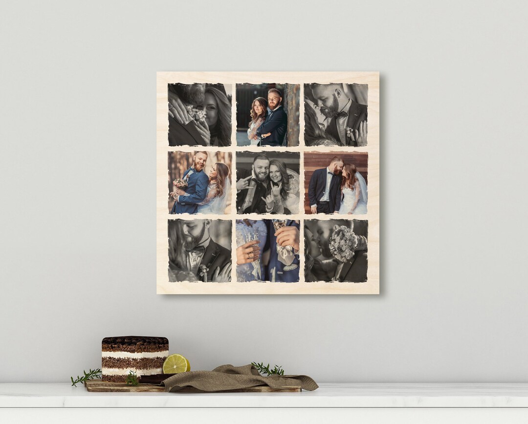 Collage With 9 Photos Wedding Photo Picture Frame Photo Print on Wood ...