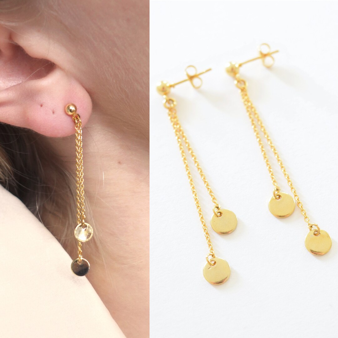 Long Dangling Chain Earrings With Circle Pendants Gilded With Fine 24 ...