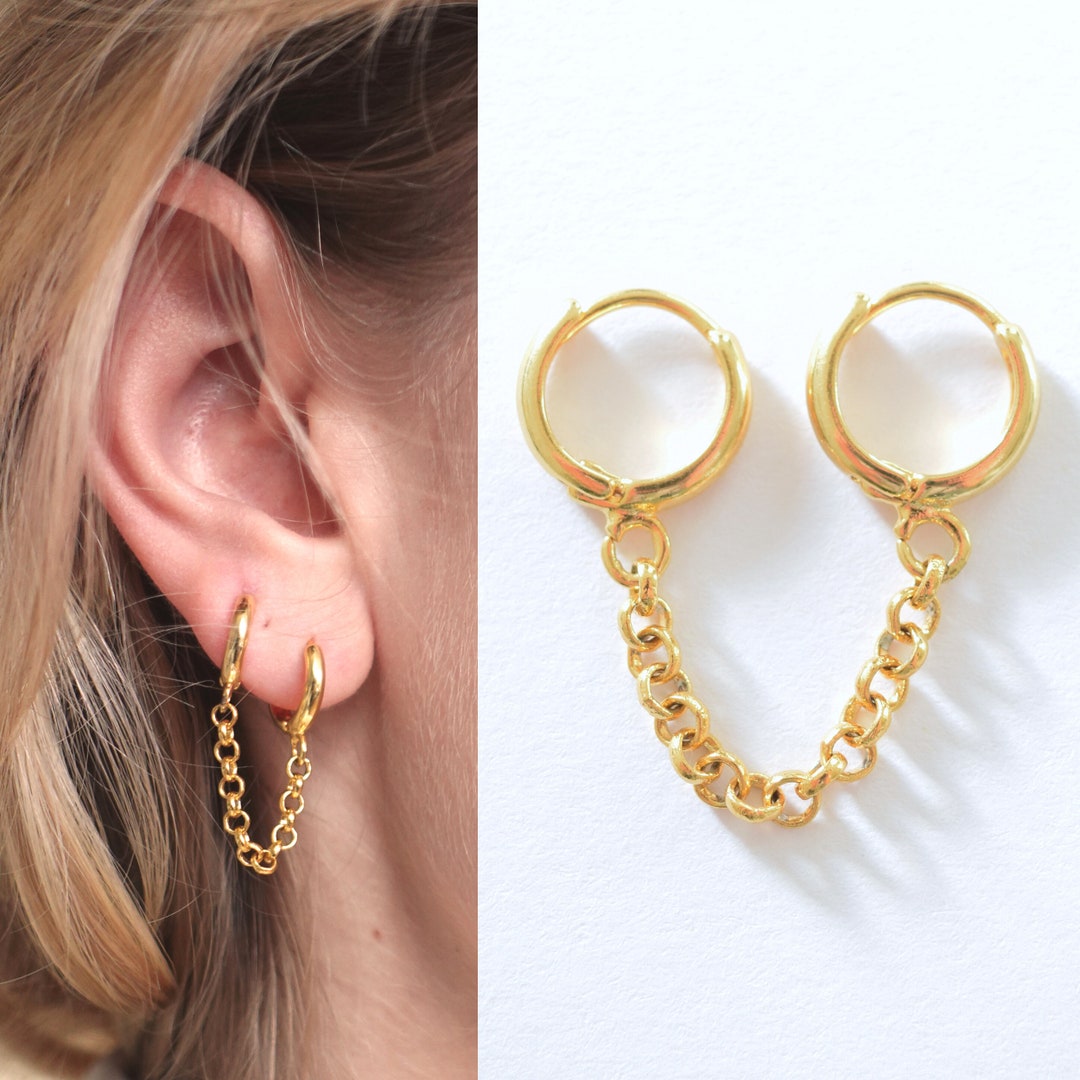 Earring 2 Holes Double Chain Double Piercing Lobe Gilded With Fine Gold ...