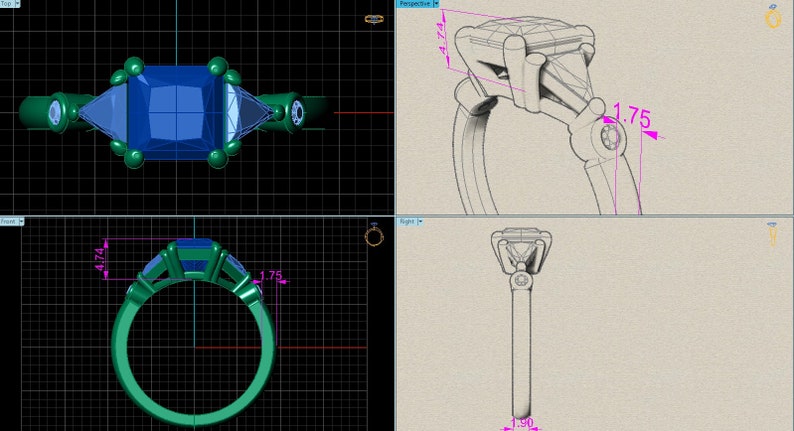 Online Custom Engagement Ring Design Drawing CAD: Professional 3D Ring ...