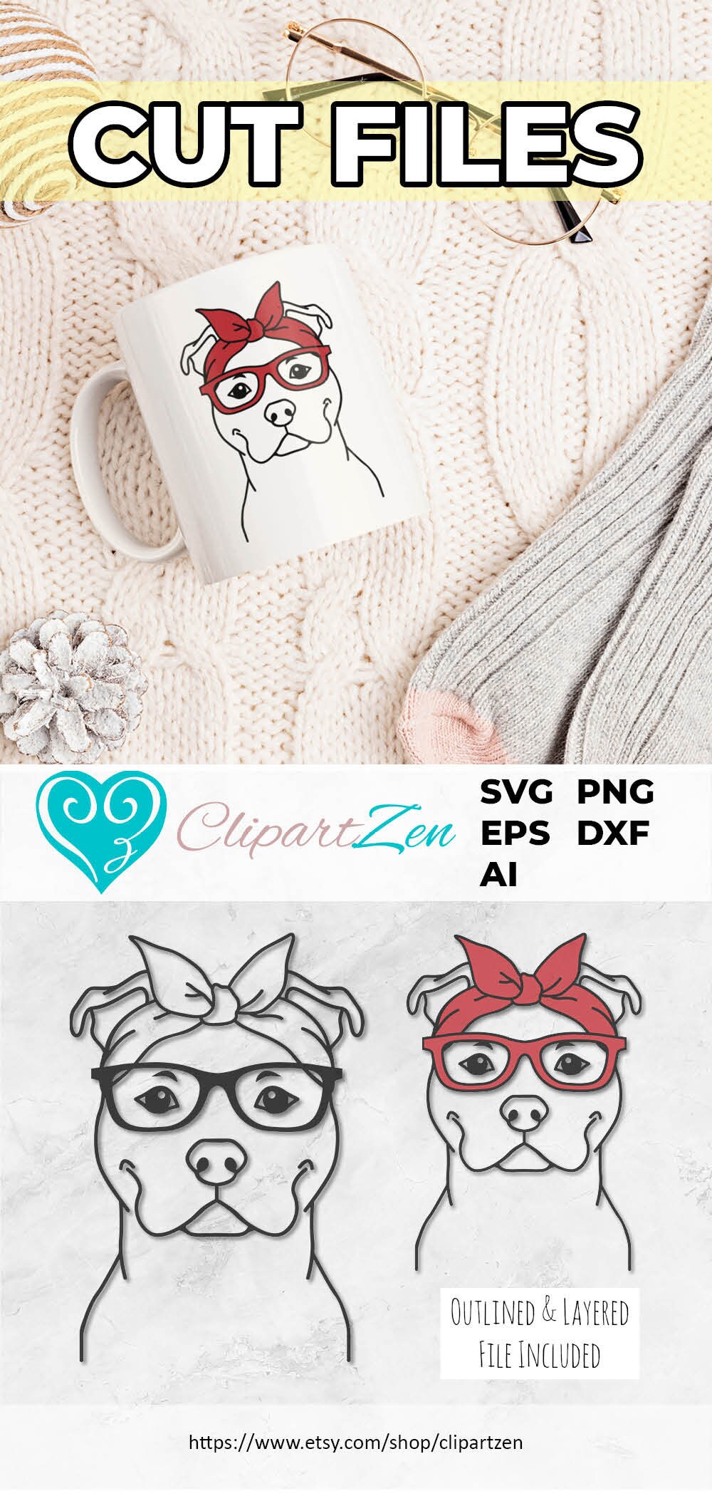 Pitbull Dog Glasses Bandana, Pitbull Dog Face Outline Svg, Dog Mom Svg ...