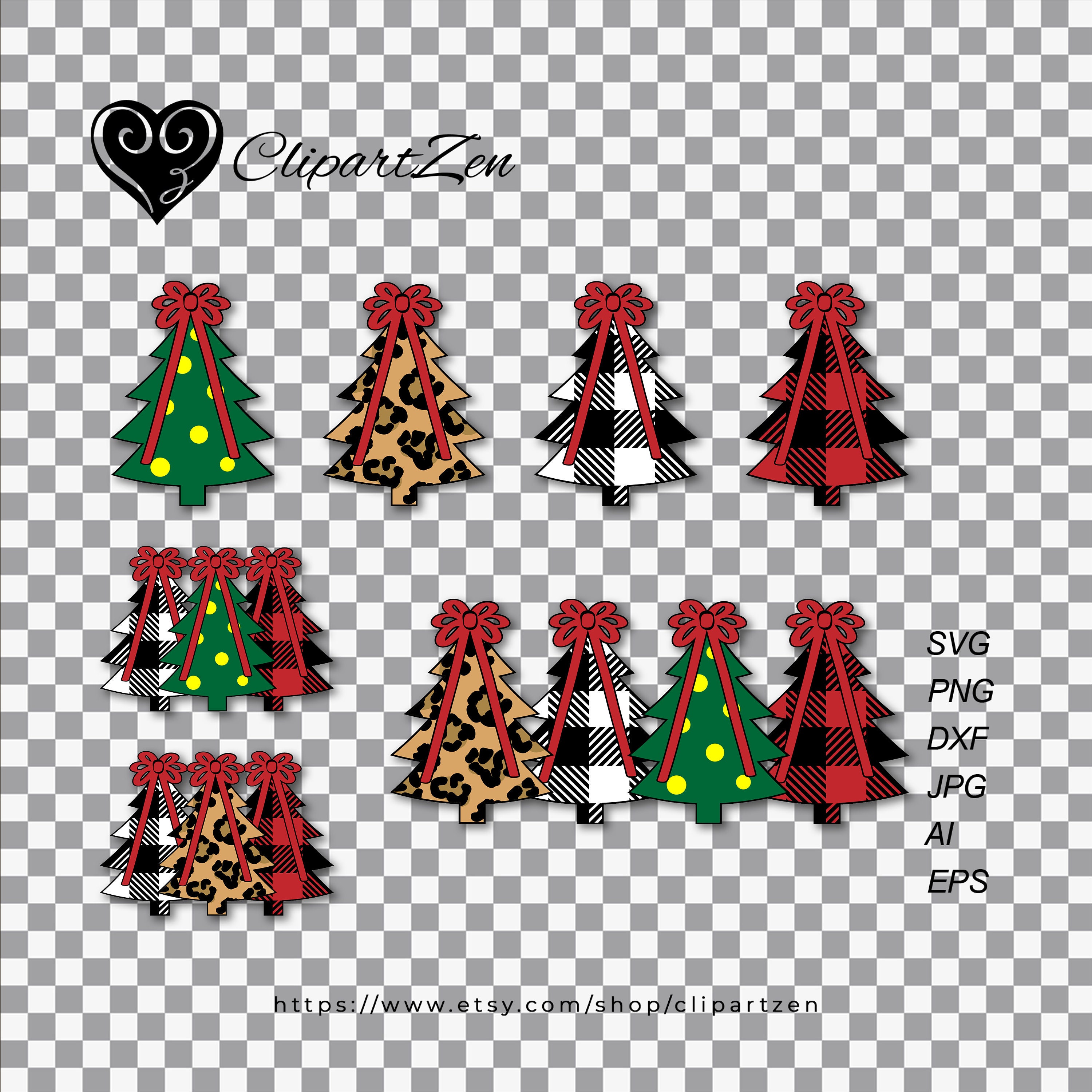 Christmas Tree Red Bow Buffalo Plaid Cheetah Print Svg, Png, Dxf, Jpg ...