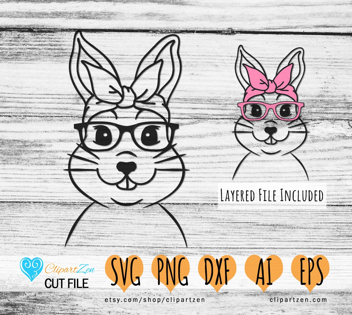 Bunny Bandana and Glasses, Rabbit Face Cut File, Svg, Png, Dxf, Eps, Ai ...