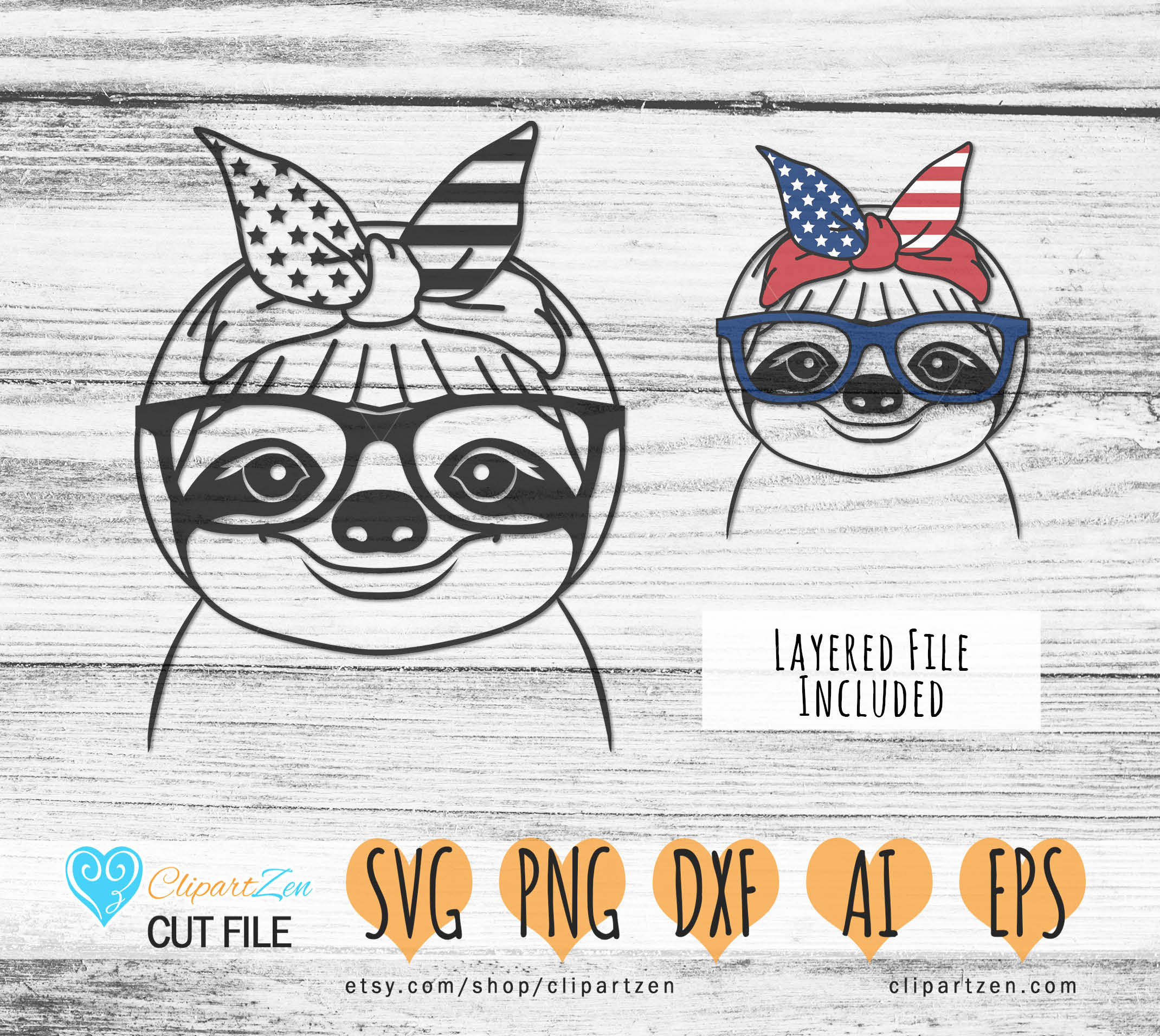 Fourth of July Sloth With Glasses and Bandana Memorial Day, Svg, Png ...