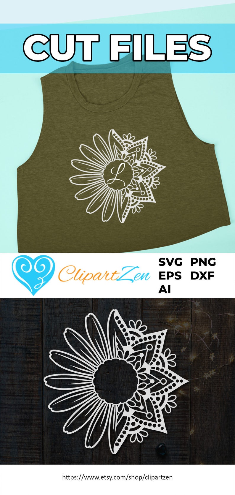 Daisy Flower Mandala Half Monogram Clipart Frame Cut File, Svg, Png ...