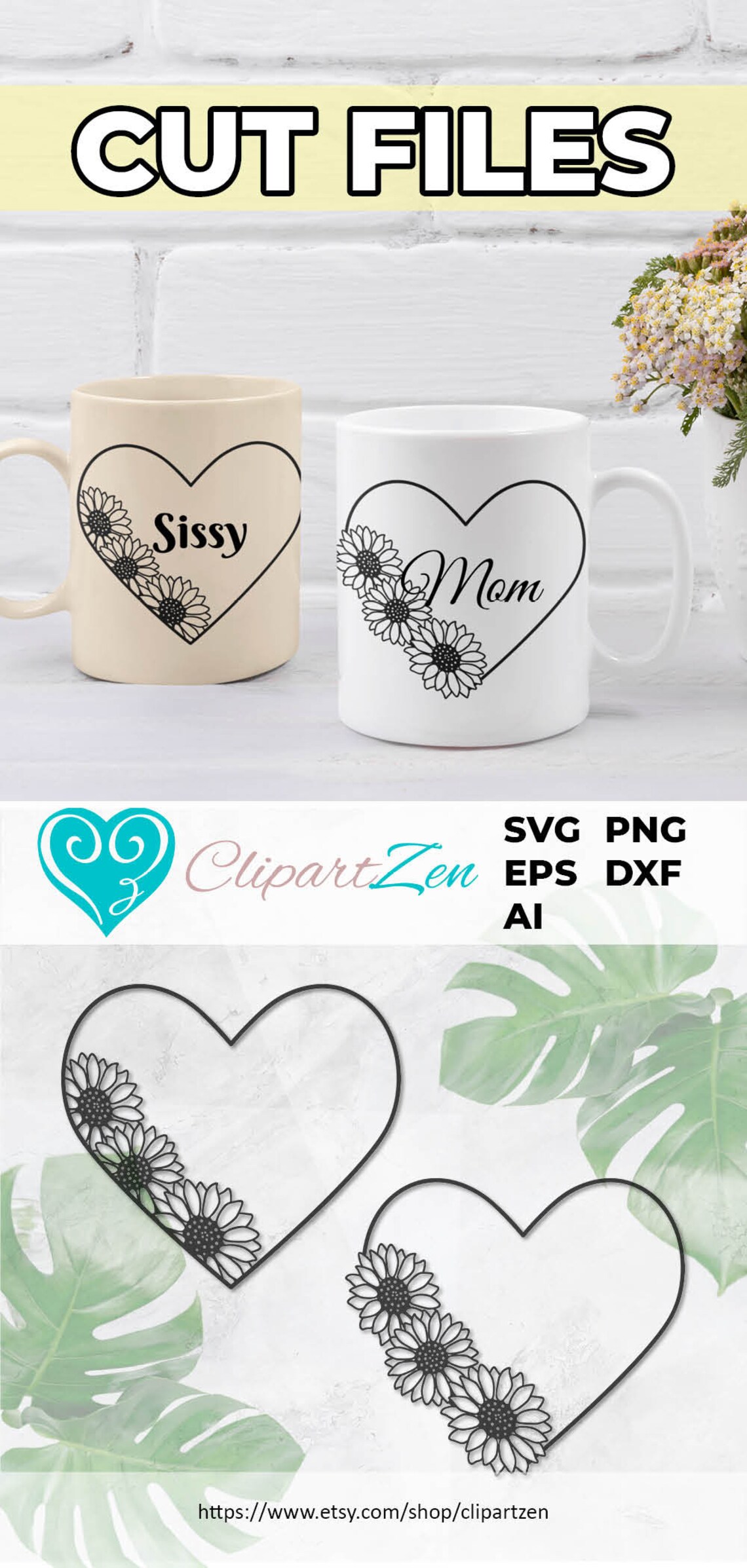 Sunflower Flower Floral Heart Frame Minimal Cut File Svg - Etsy