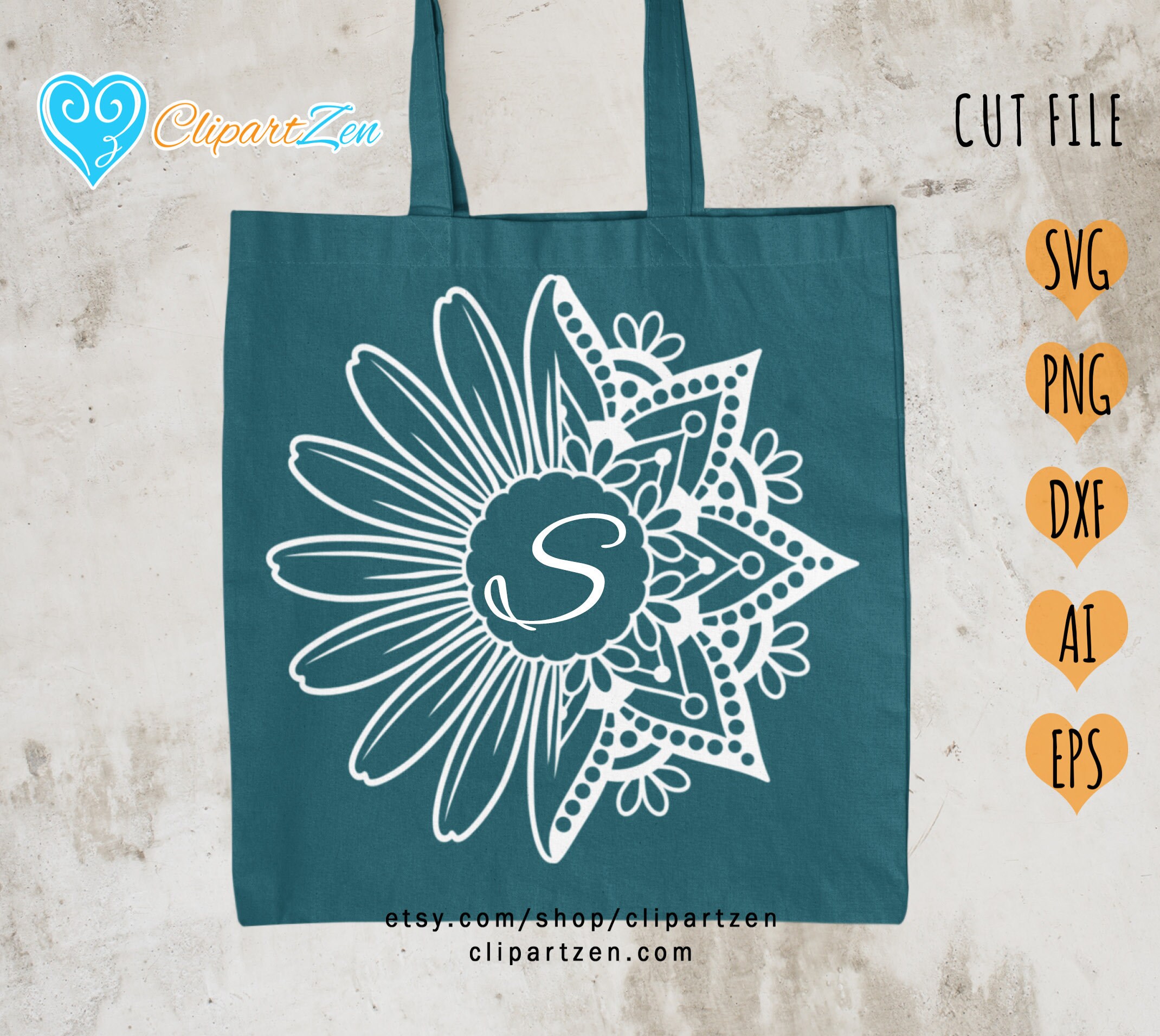 Daisy Flower Mandala Half Monogram Clipart Frame Cut File, Svg, Png ...