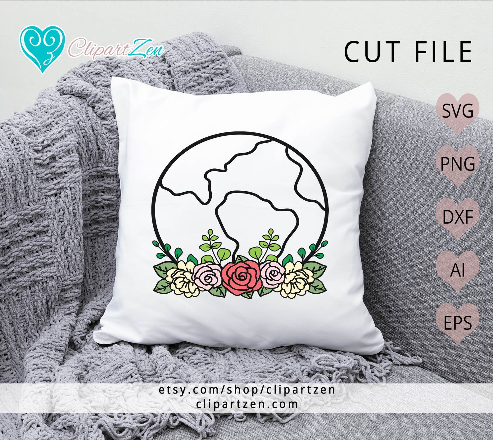 Earth With Flowers, Planet Earth Day, Cut File, Svg, Png, Dxf, Eps, Ai ...