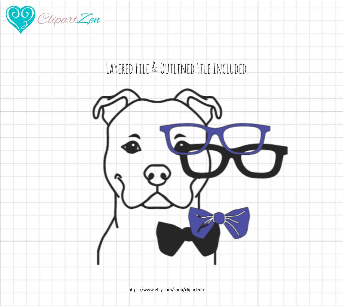 Pitbull Dog With Glasses Bowtie, Pitbull Face Outline Svg, Pitbull Head ...